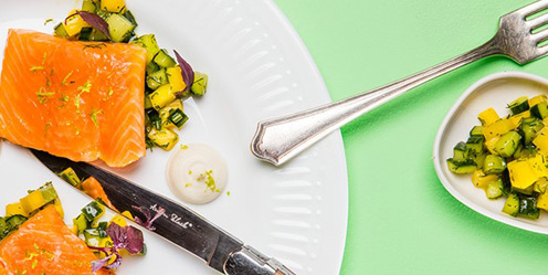 Hægelduð bleikja með sellerírótarmauki og fersku mangósalsa ...